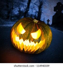 Scary Halloween Pumpkin Dark Forest Night Stock Photo 114940357