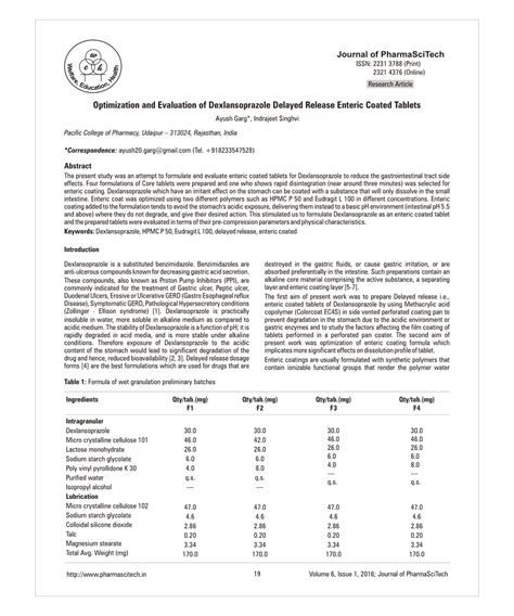 Pdf Optimization And Evaluation Of Dexlansoprazole Delayed Release Enteric Coated Tablets