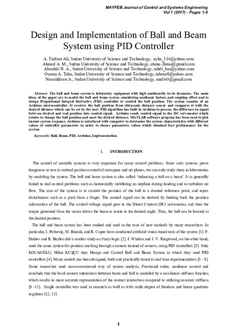 Pdf Design And Implementation Of Ball And Beam System Using Pid