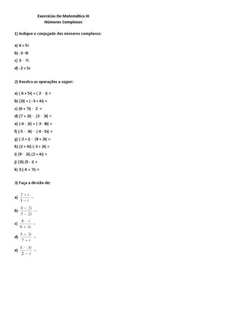 Lista De Exercicios De Numeros Complexos Pdf