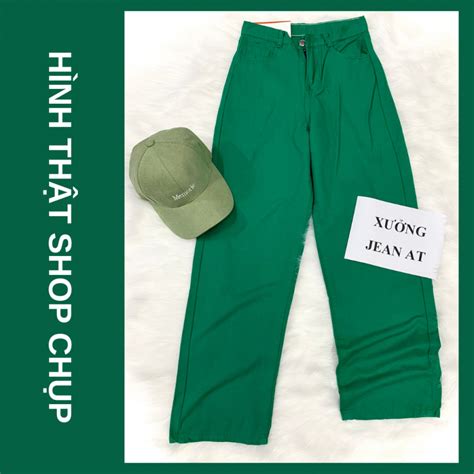 Quần Kaki Jean Nữ Ống Rộng Lưng Cao Dáng Suông Màu Xanh Lá 5227