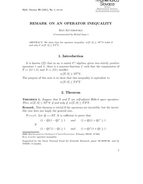 Pdf Remark On An Operator Inequality