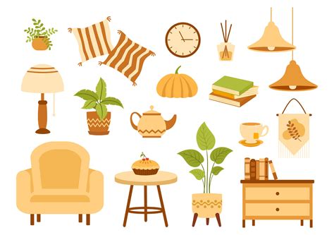 Autumn Cozy Home Decor Vector Illustration With Living Room Interior