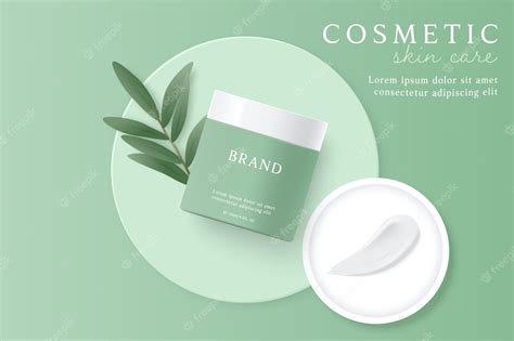 잎과 접시가 있는 녹색 배경에 천연 화장품 및 스킨 케어 제품 광고 템플릿 프리미엄 벡터