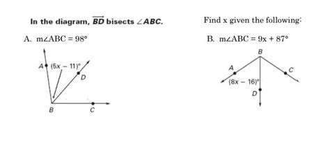 In the Diagram, BD bisects ABC. Find x given the following. - brainly.com