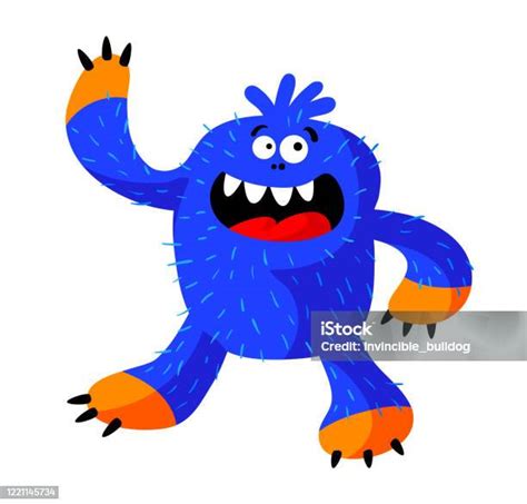 재미있는 얼굴 송곳니 푸른 털이 몸과 발톱귀여운 포효 괴물 외계인 또는 긴 날카로운 발톱 팔을 가진 큰 발 예티 흰색 배경에