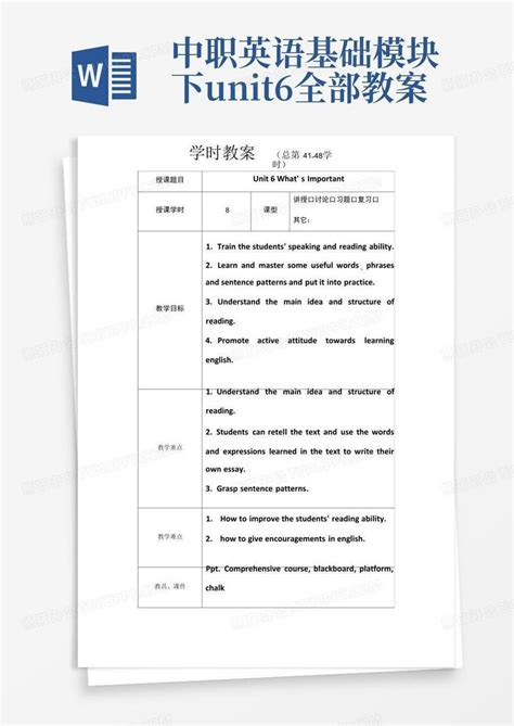中职英语 基础模块下unit6全部教案Word模板下载 编号lyyvvkyn 熊猫办公