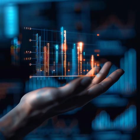 Hand Reaching For A Glowing 3d Bar Graph In A Dark Futuristic