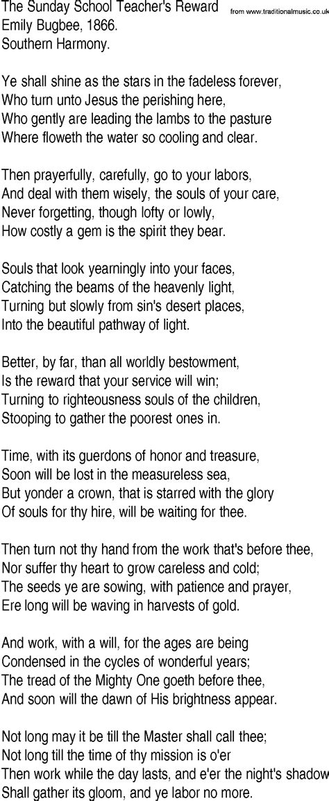 Hymn And Gospel Song Lyrics For The Sunday School Teachers Reward By