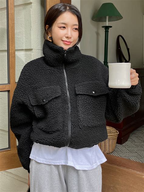 Dazy Drop Shoulder Flap Pocket Teddy Jacket Shein Usa