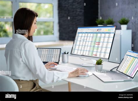Data Analyst Woman Using Spreadsheet On Computer Stock Photo Alamy