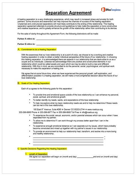 Separation Agreement Template 06 Office Templates