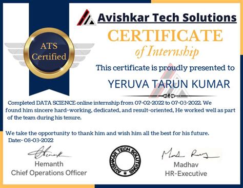 Yarva Tharun Kumar On Linkedin I Have Completed My Data Science Internship In Avishkar Tech