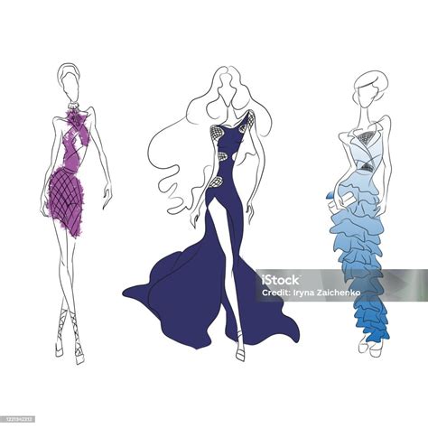 벡터 패션 라인 스케치 벡터 아이콘 의 집합입니다 하이 컷 짧은 칵테일 드레스와 긴 드레스에 런웨이에 걷는 모델 스키니 바디 실루엣 긴 머리 하이힐 오뜨 꾸뛰르 패션쇼