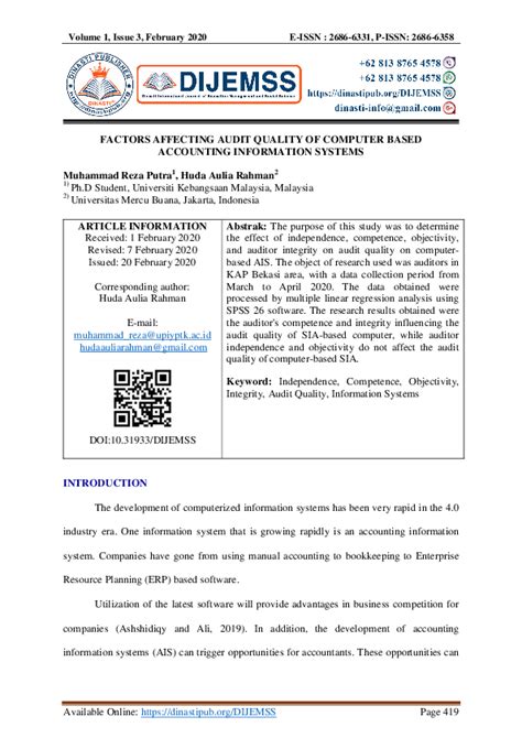 Pdf Factors Affecting Audit Quality Of Computer Based Accounting