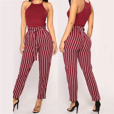Fashion Women Striped Harem Pants Summer Casual High Waist Belt