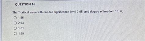 Solved The T Critical Value With One Tail Significance Level