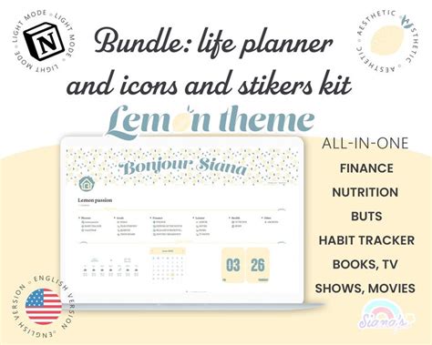 Bundle All In One Notion Template Planner With The Yellow And Blue Icons And Stickers Notion