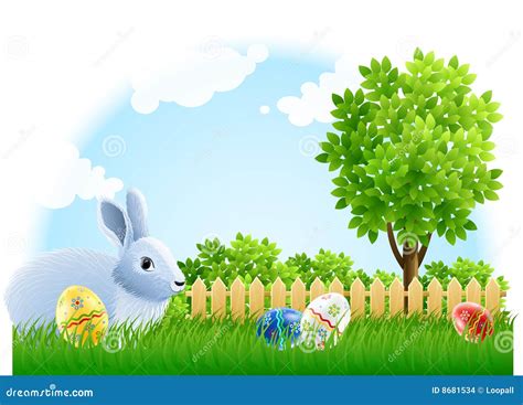 Easter Rabbit And Eggs On The Green Garden Grass Stock Vector
