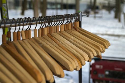 Many Wooden Hangers On A Rod Stock Image Image Of People Metal 269726641