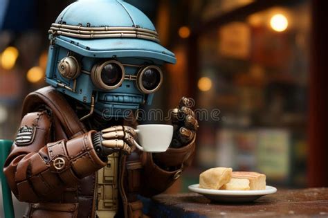 Robot Humanoid Drinking Coffee With Cakes Stock Illustration
