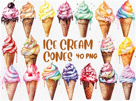 Watercolor Ice Cream Cones Clipart Summer Treats Sweet Dessert