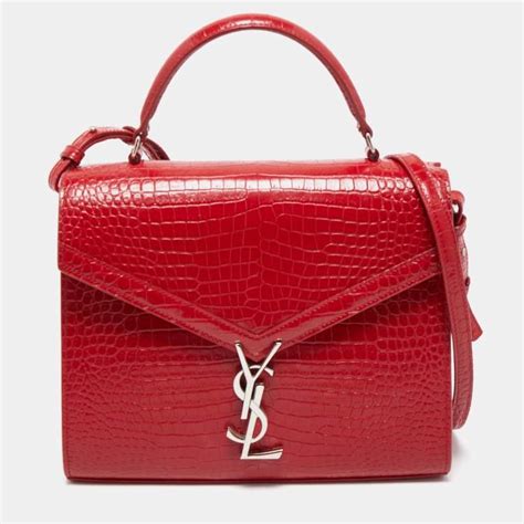 Saint Laurent Red Croc Embossed Leather Medium Cassandra Top Handle Bag