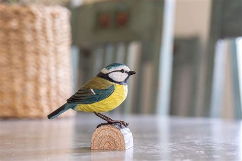 Wooden Blue Tit Ornament Hand Carved Decorative Bird Figurine Swedish