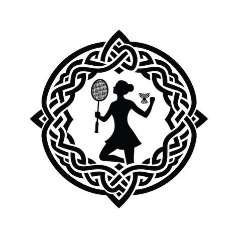 Badminton Female Player In Celtic Knot Pattern Illustration Emblem Shield Badge Premium Ai