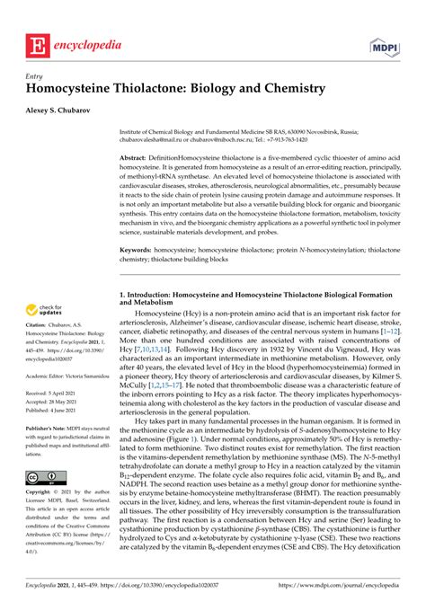 Pdf Homocysteine Thiolactone Biology And Chemistry