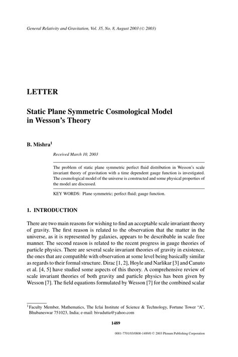 Pdf Letter Static Plane Symmetric Cosmological Model In Wessons Theory