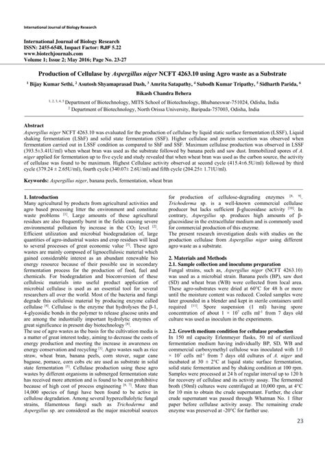 Pdf Production Of Cellulase By Aspergillus Niger Ncft 426310 Using
