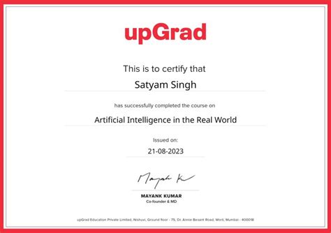 Completed This Course Offered By Upgrad Ai In The Real World Satyam