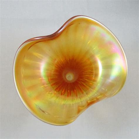 Antique Fenton Footed Fine Rib Marigold Carnival Glass Jip Vase