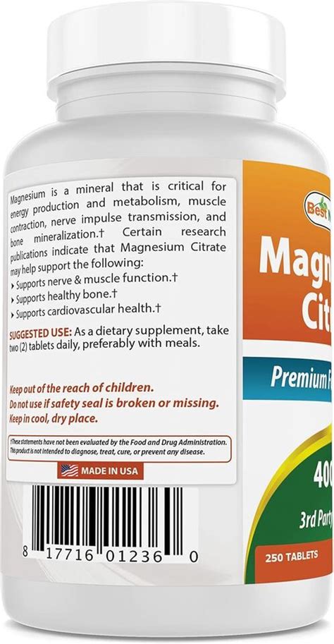 Best Naturals Magnesium Citrate Citrato De Magnesio 400mg 250 Tablets