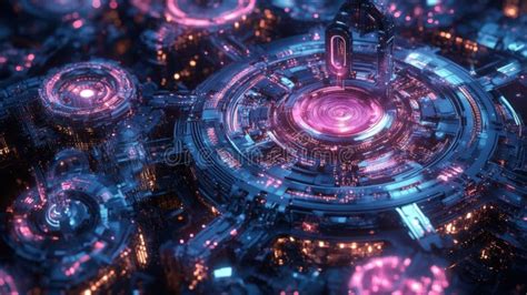 Futuristic Quantum Computer Processing Data In Complex System Stock