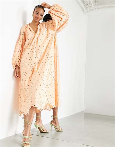 Asos Edition Eyelet Midi Dress With Blouson Sleeves And Tie Front Asos