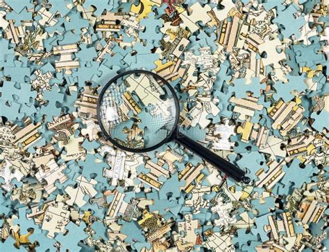 Puzzle Pieces Mess And Chaos Through Magnifying Glass Missing Jigsaw