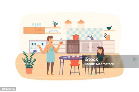 부엌 장면에서 요리와 식사 커플 남자는 컵 케이크를 만들고 여자는 커피를 마십니다 수제 페이스트리 가정 및 일상 적인 개념 인물 캐릭터의 벡터 그림 가정 주방에 대한 스톡
