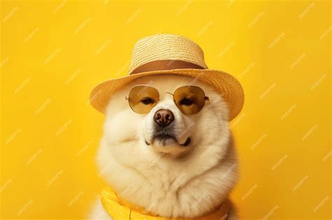 Premium Ai Image Chow Chow In Sunglasses And A Straw Hat On A Yellow