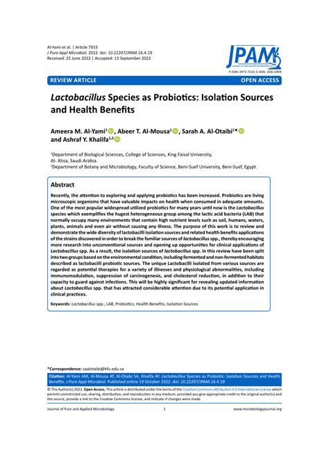 Pdf Lactobacillus Species As Probiotics Isolation Sources And Health