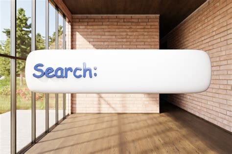 창문과 정원이 있는 호화로운 로프트 아파트에서 공중에 떠 있는 검색 상자 텍스트 미니멀 한 인테리어 거실 디자인 3d