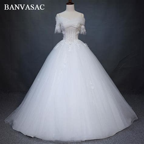 Banvasac 2017 Novo Bordado Elegante Boat Neck Vestidos De Casamento