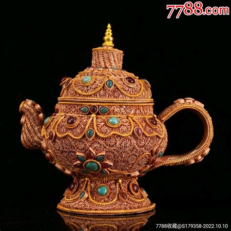 藏银纯手工打造镶嵌宝石鎏金掐丝酒壶酥油茶壶水壶壶类天道勤酬【7788收藏】