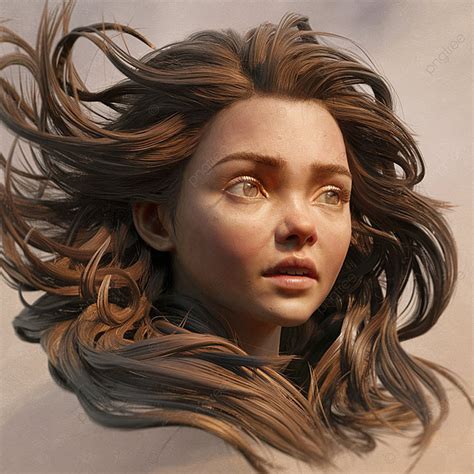 한 젊은 여성의 복잡하고 세밀한 초상화 그녀의 얼굴은 표정이 풍부한 눈과 바람에 휩쓸리는 것 같은 흐르는 머리카락으로 중심