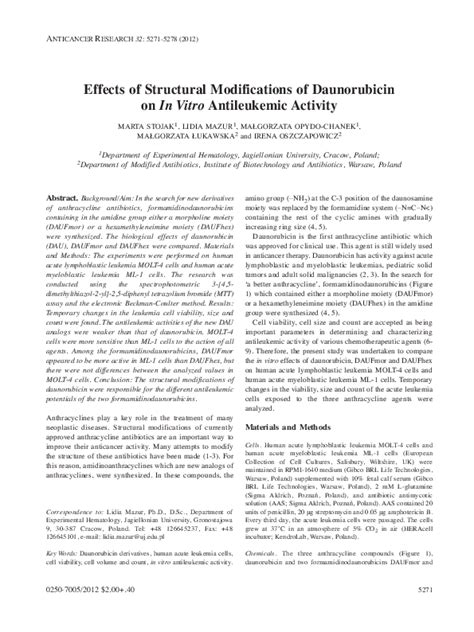 Pdf Effects Of Structural Modifications Of Daunorubicin On In Vitro