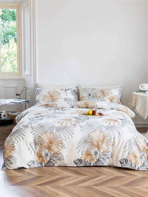 Leaf Print Duvet Cover Set Without Filler Shein Usa