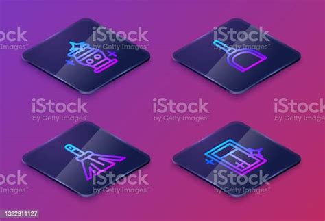 창에 대한 등각 선 클린 꽃병 빗자루 먼지 판 및 청소 서비스를 설정합니다 파란색 정사각형 버튼 벡터 3차원 형태에 대한 스톡 벡터 아트 및 기타 이미지 Istock