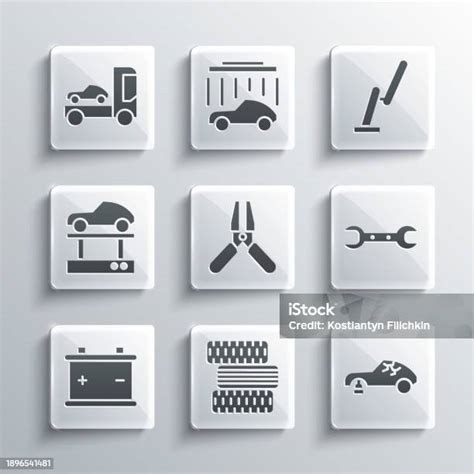 자동차 타이어 휠 깨진 자동차 렌치 스패너 배터리 점퍼 전원 케이블 리프트 수리 운송 트럭 및 앞 유리 와이퍼 아이콘을 설정합니다 벡터 고무에 대한 스톡 벡터 아트 및 기타