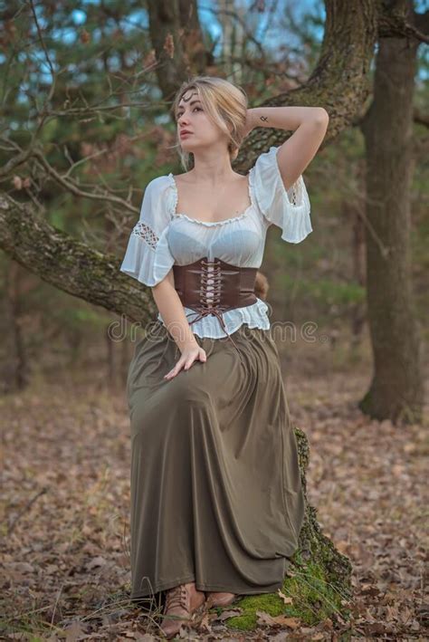 Scandinavian Woman At Forest Nordic Style Lifestyle Stock Image